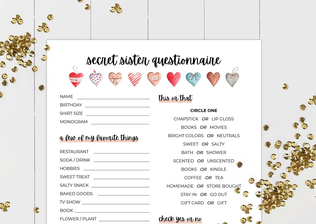 Valentines Day Secret Sister Questionnaire, Gift Exchange Survey and ...