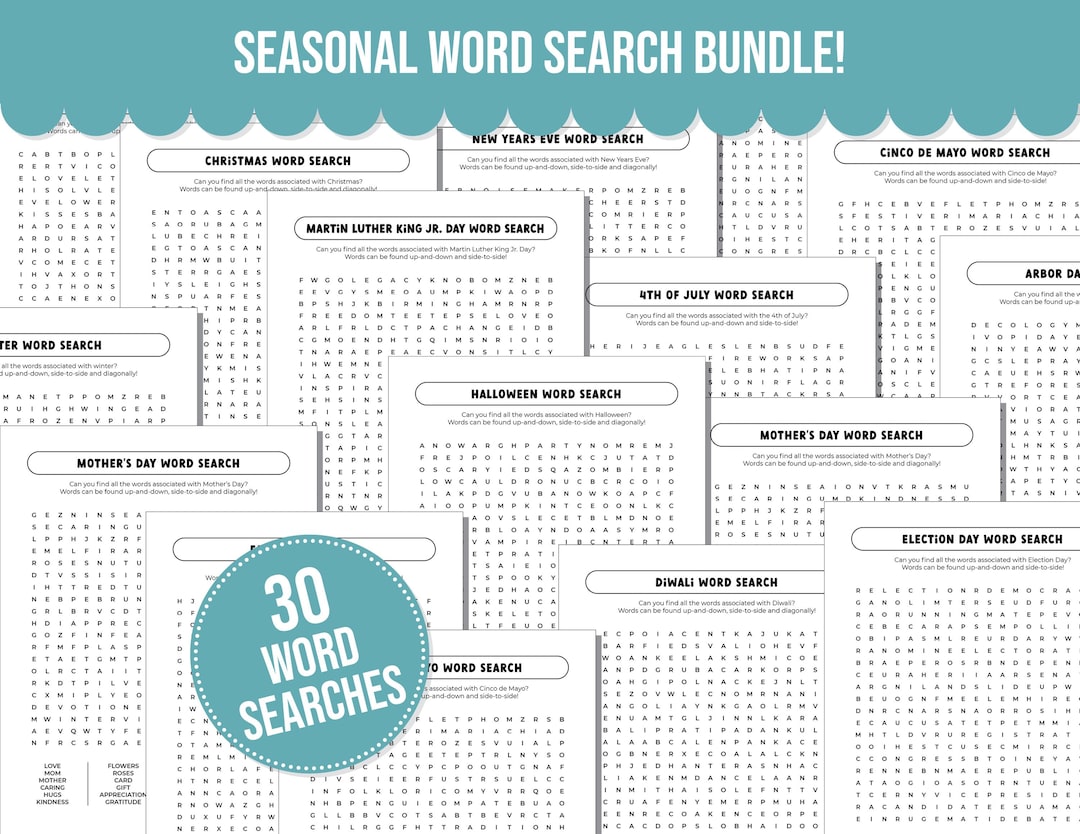 Themed Word Search Bundle Printable Puzzle Game for Adult, Seasonal ...