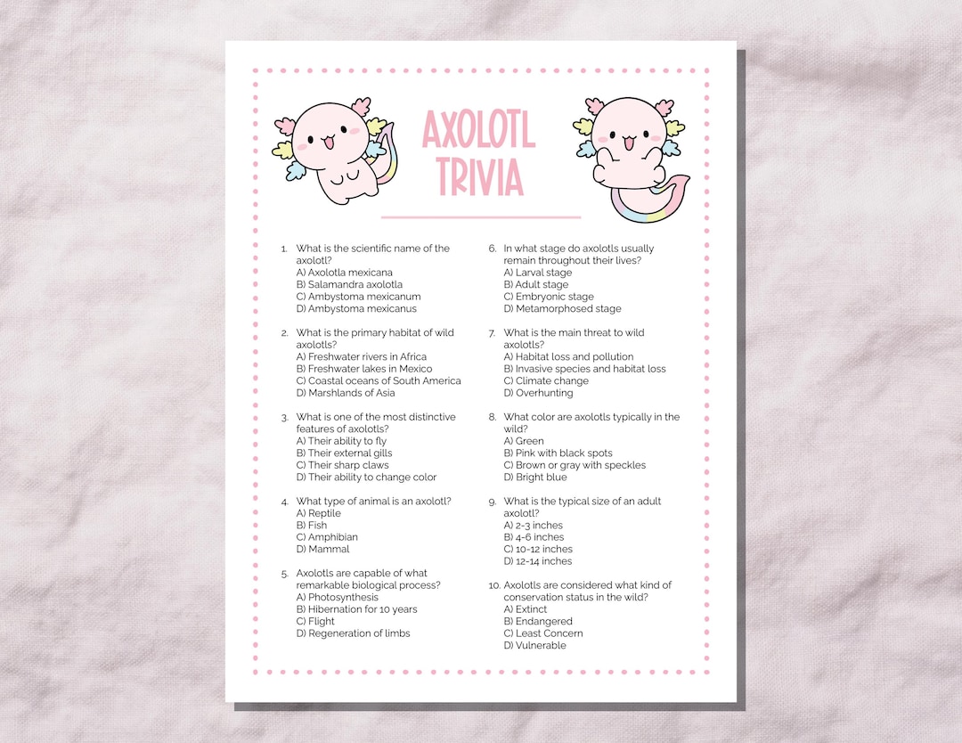 Axolotl Trivia Game, Animal Trivia Game for Family Game Night, Axolotl ...