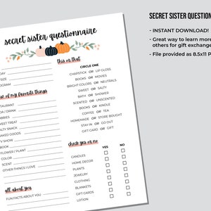Halloween Secret Sister Questionnaire, Fall Gift Exchange Survey and ...