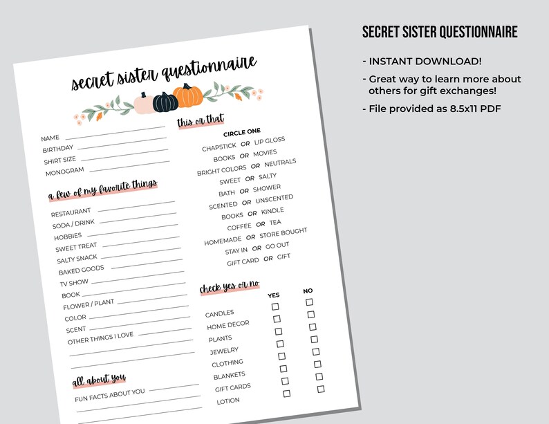 Halloween Secret Sister Questionnaire Fall Gift Exchange - Etsy