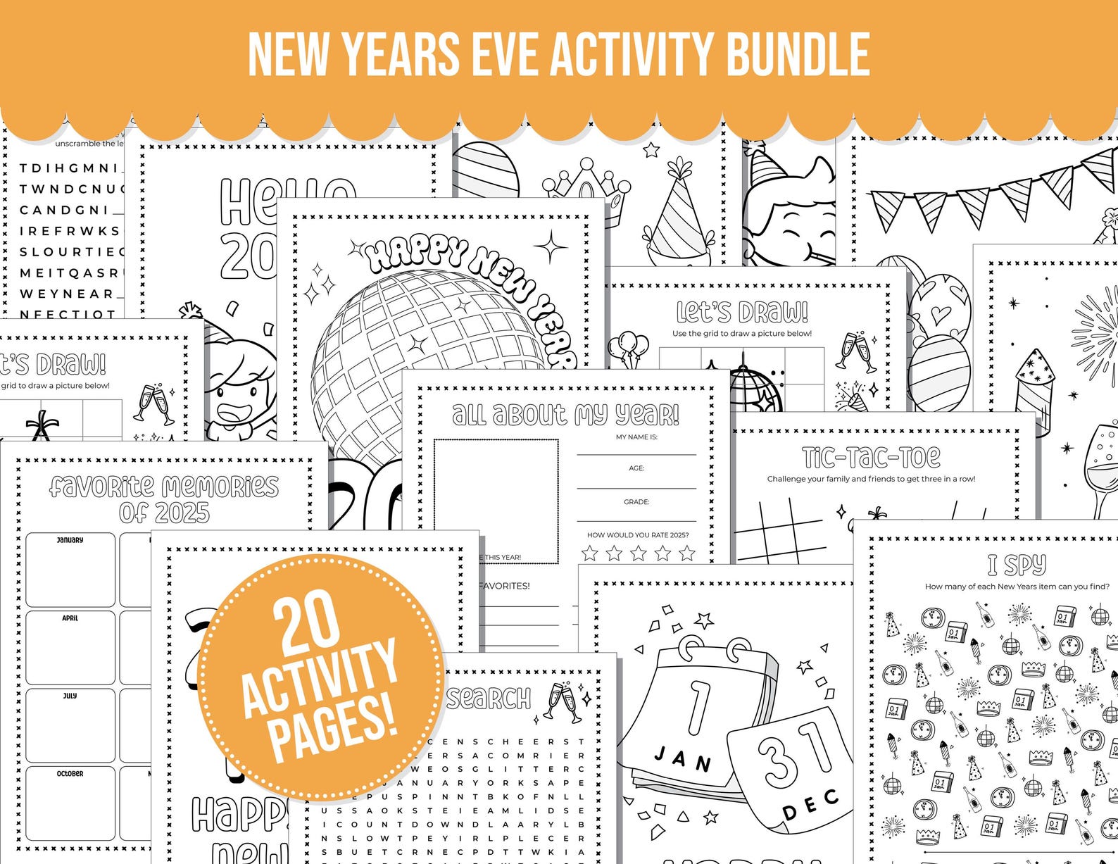 Kids New Years Eve Activity Bundle With Coloring Pages, Word Search ...