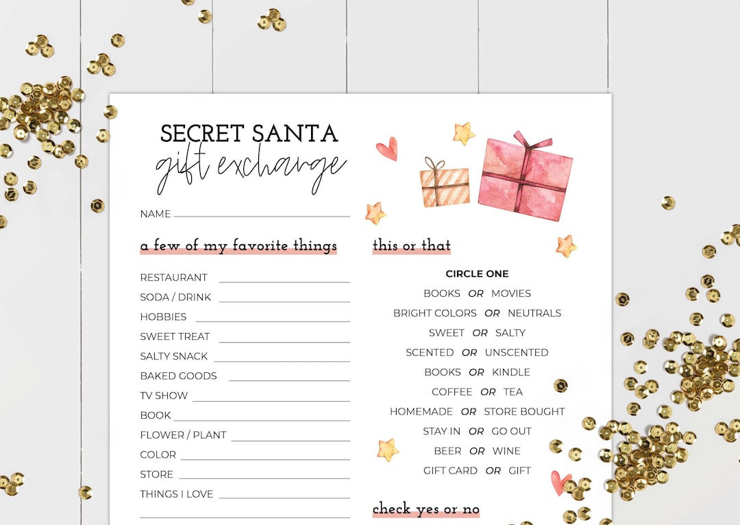 Secret Santa Questionnaire, Gift Exchange Survey and Favorite Things ...