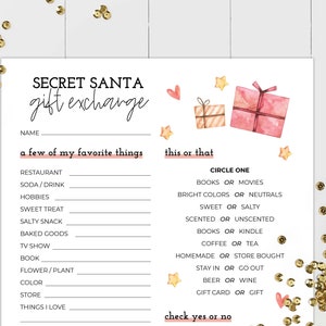 Secret Santa Questionnaire, Gift Exchange Survey and Favorite Things ...