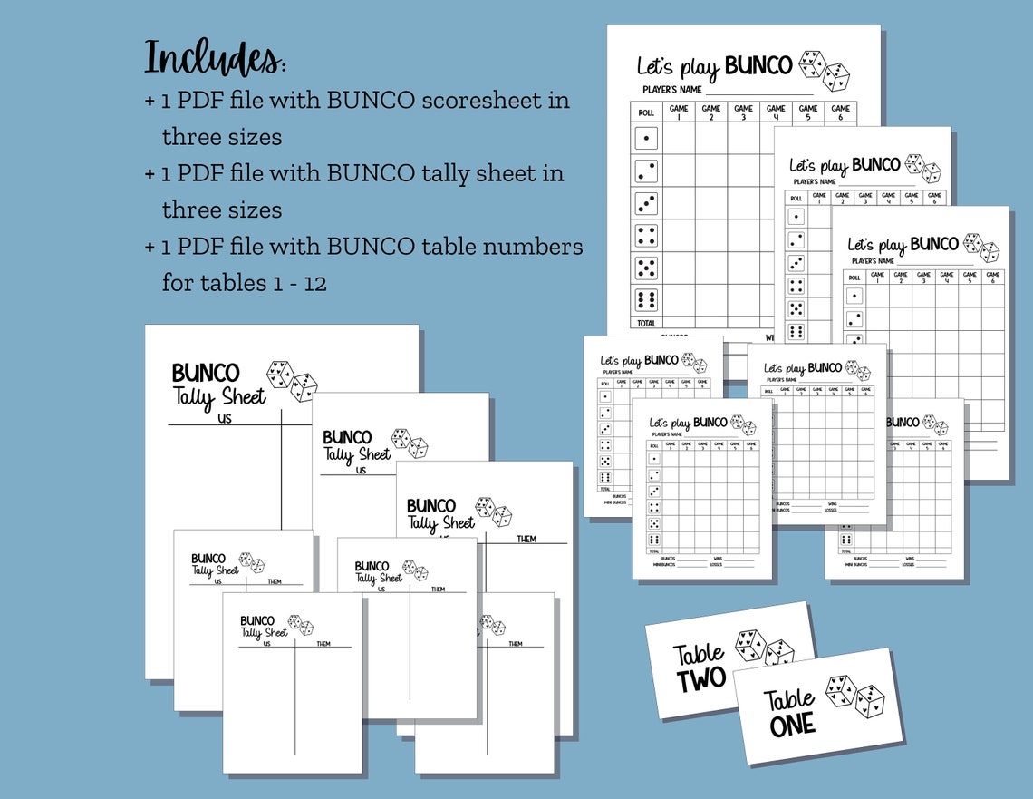 Ultimate Bunco Game Set - Score Sheets, Tally Sheets, Table Numbers ...