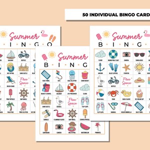 Summer Bingo Game With 50 Unique Bingo Cards, Printable Game for Summer ...