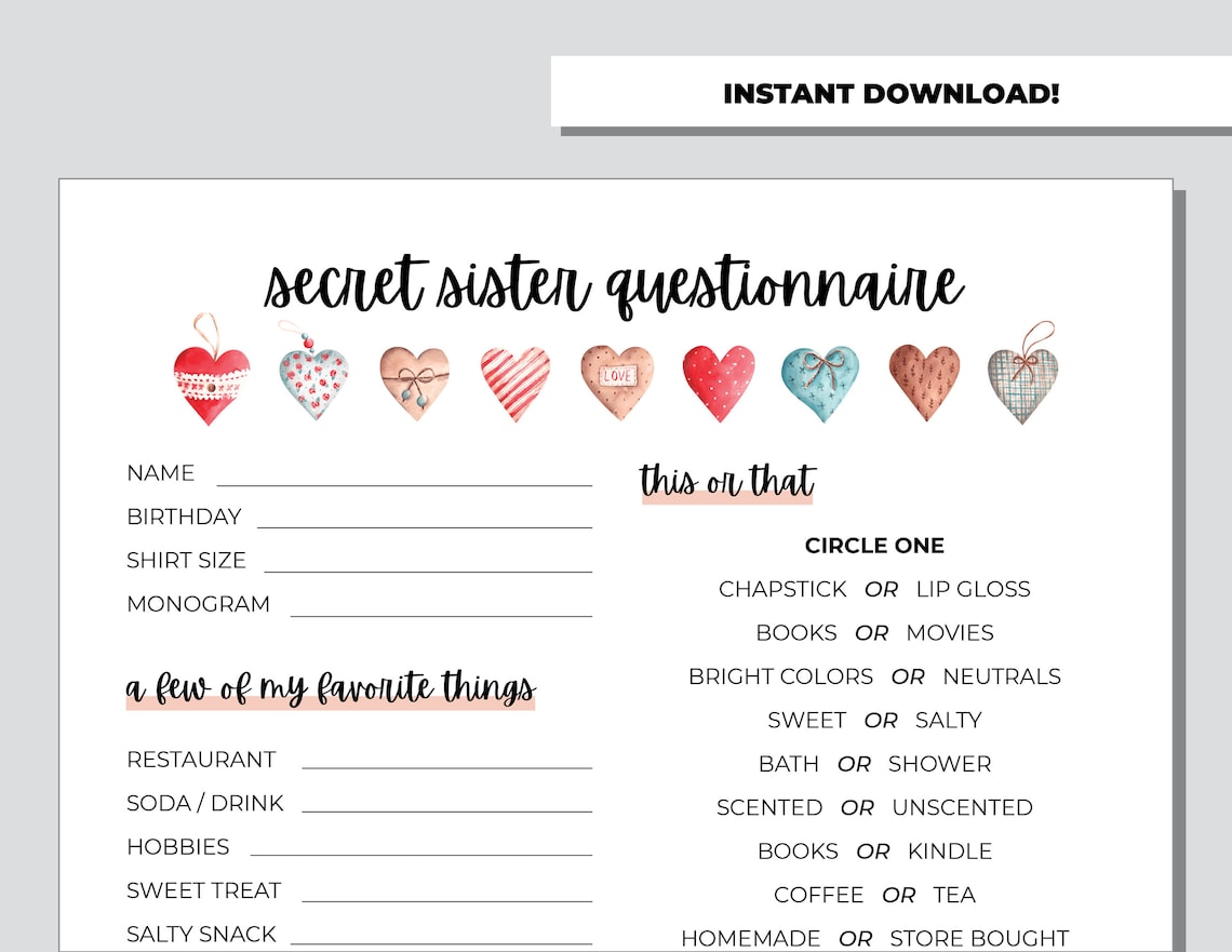 Valentines Day Secret Sister Questionnaire Gift Exchange - Etsy