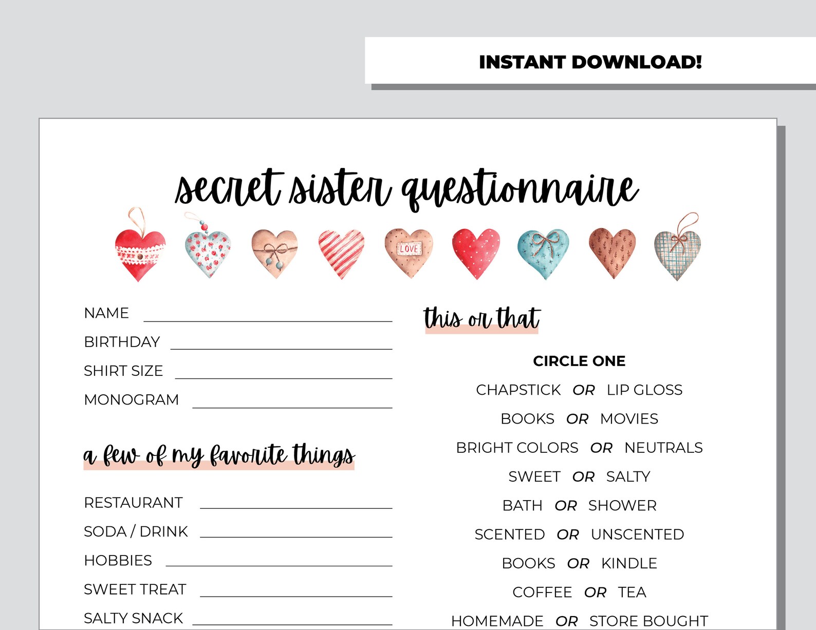 Valentines Day Secret Sister Questionnaire Gift Exchange - Etsy