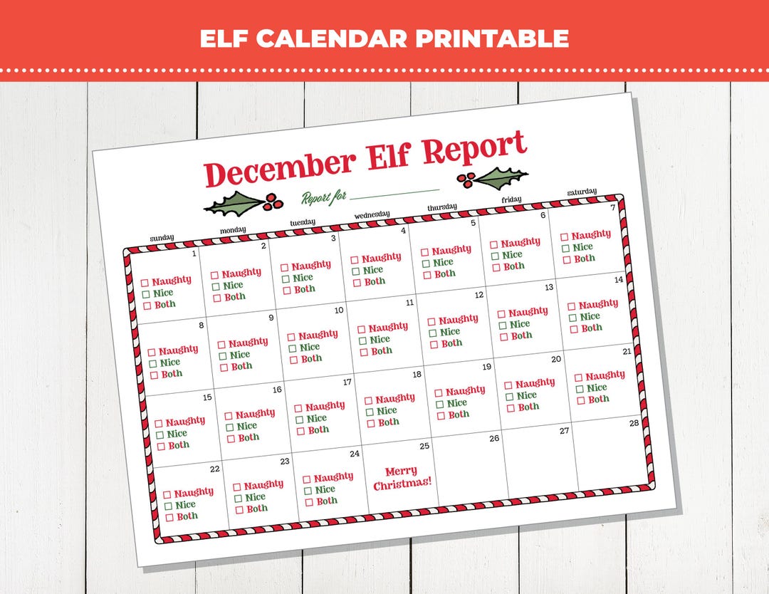 Elf Report Calendar Printable, December Elf Calendar, Elf on Strike ...