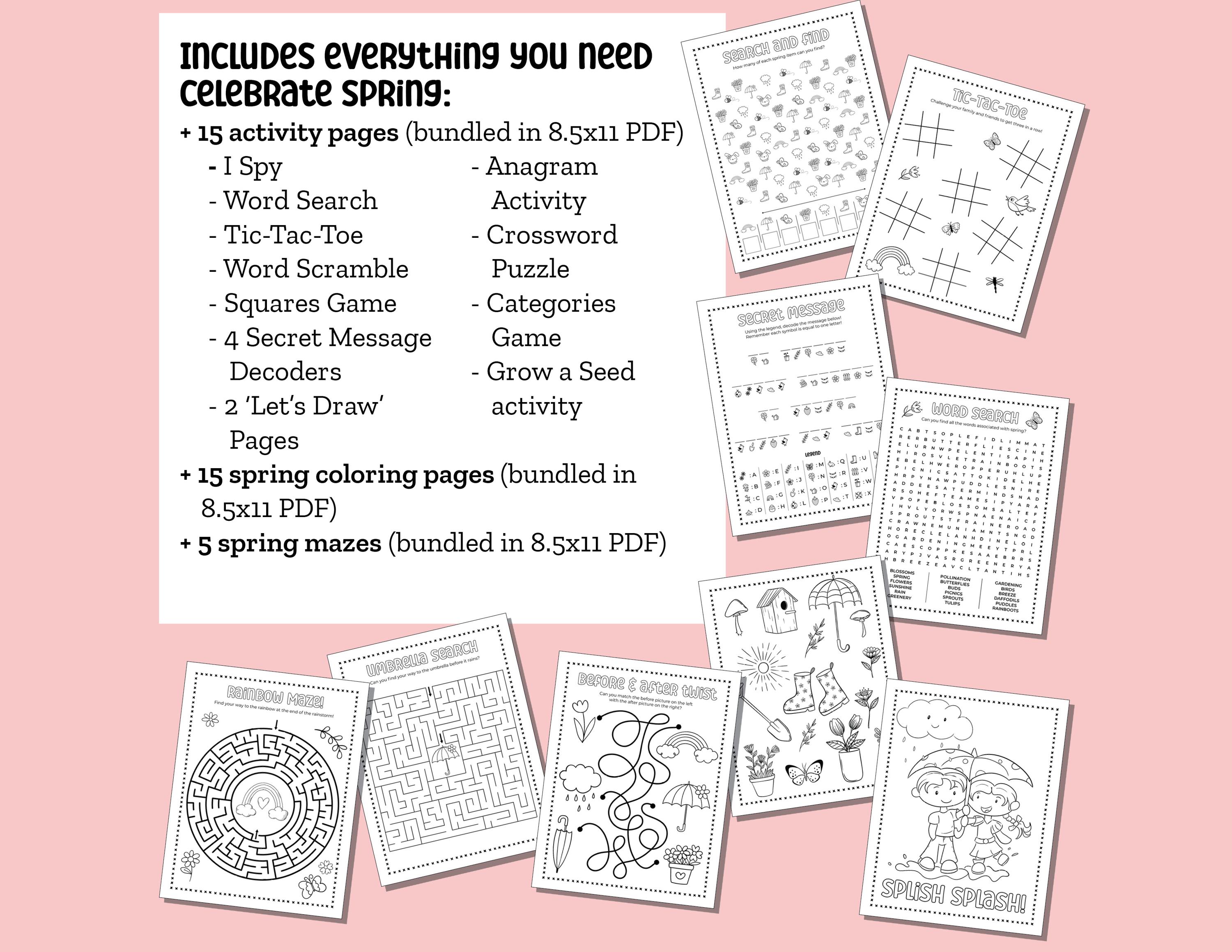 Spring Printable Activity Bundle With Coloring Pages, Word Search, Word ...