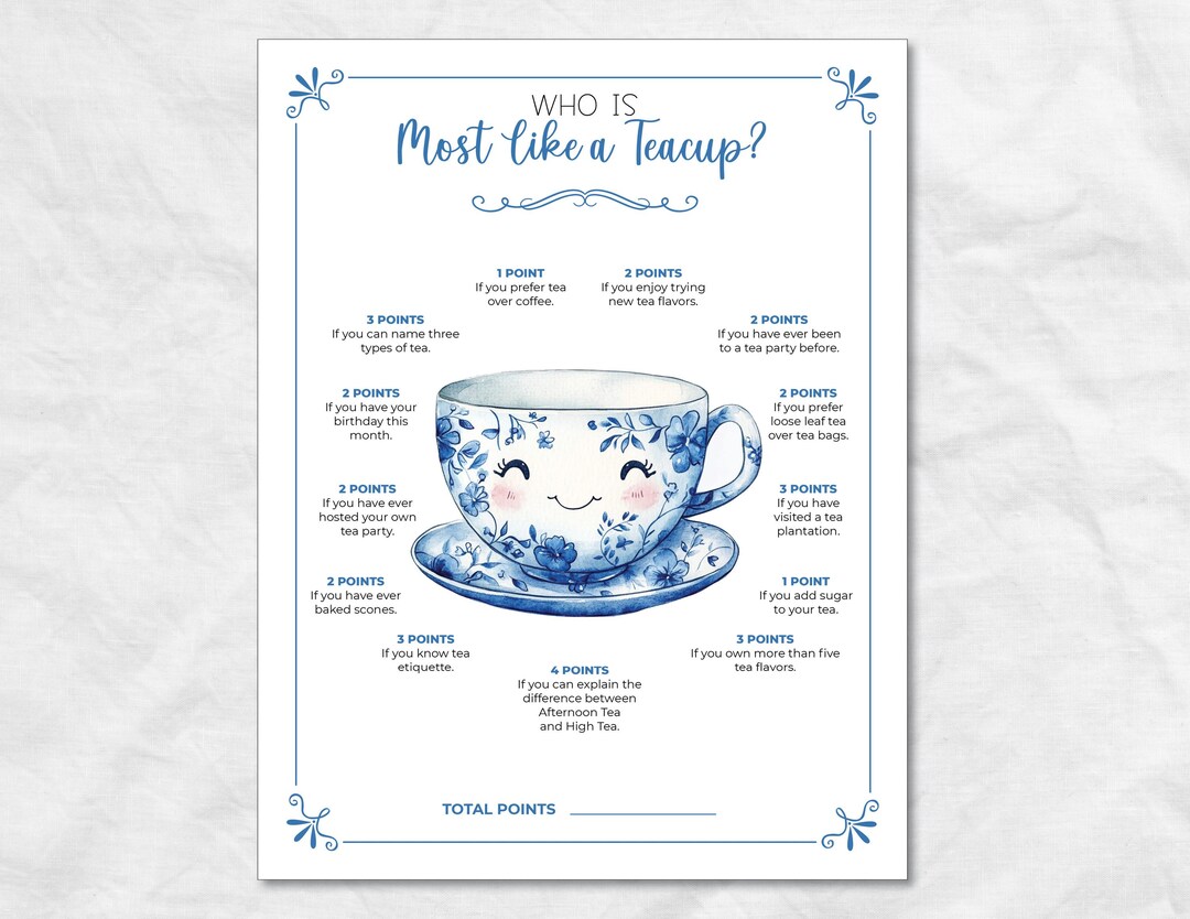 Who's Most Like a Teacup, Blue Toile Tea Party Game, Tea Party Game ...