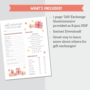 Gift Exchange Questionnaire, Gift Exchange Survey and Favorite Things ...