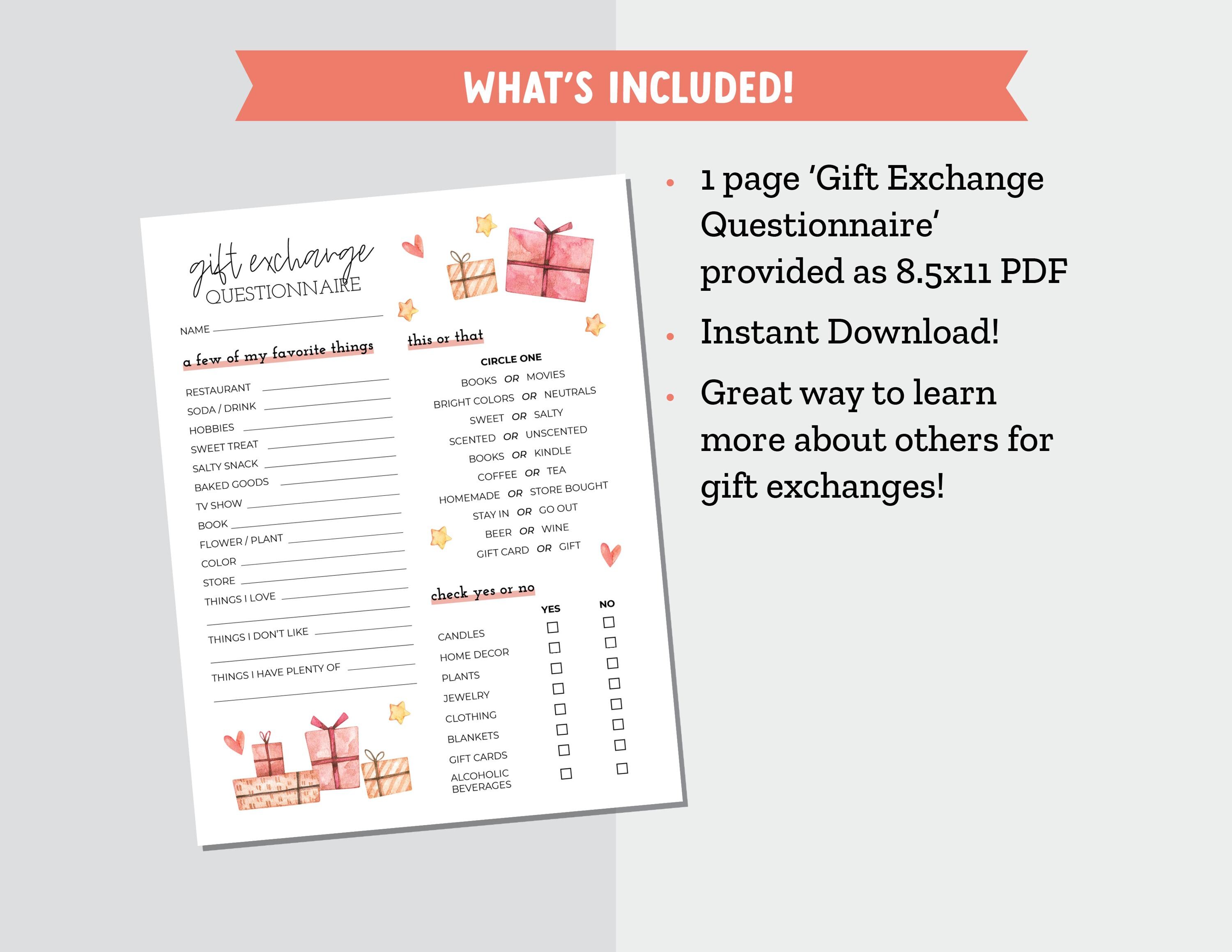 Gift Exchange Questionnaire, Gift Exchange Survey and Favorite Things ...