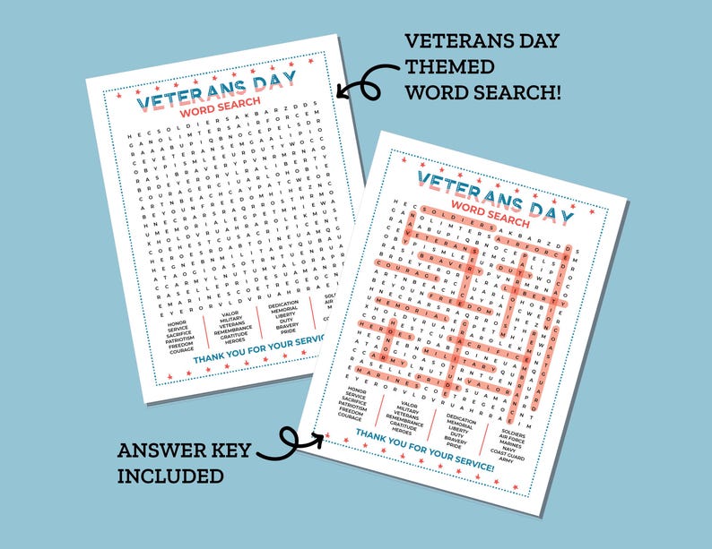 Veterans Day Word Search Puzzle for Patriotic Activity, Veterans Day ...