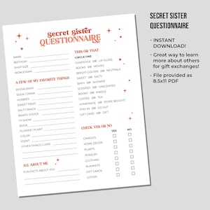 Secret Sister Questionnaire, Gift Exchange Survey and Favorite Things ...