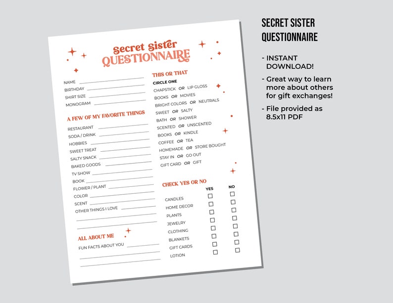 Secret Sister Questionnaire, Gift Exchange Survey and Favorite Things ...