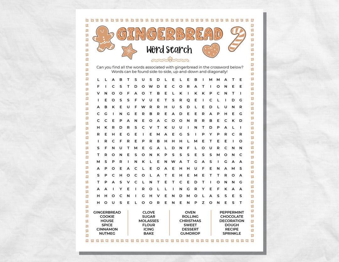 Gingerbread Word Search, Christmas Word Games for Adults, Gingerbread ...