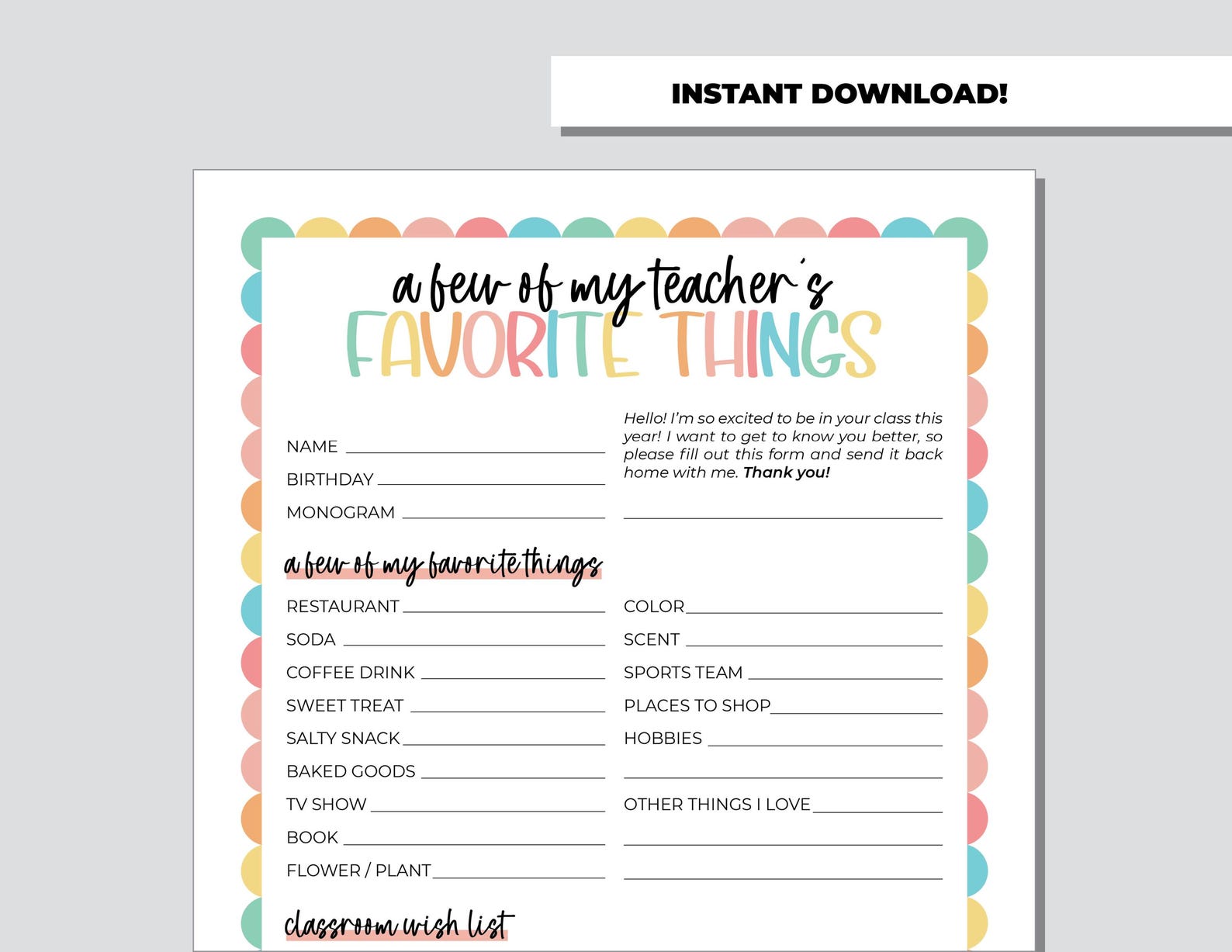 All About the Teacher Printable With Classroom Wishlist, Teacher ...