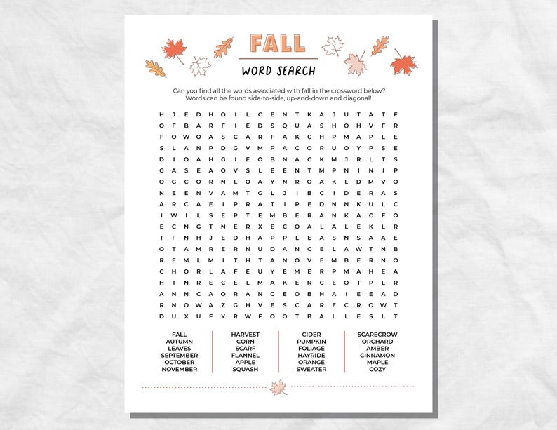 Fall Word Search, Fall Word Games for Adults, Autumn Word Game, Fall ...