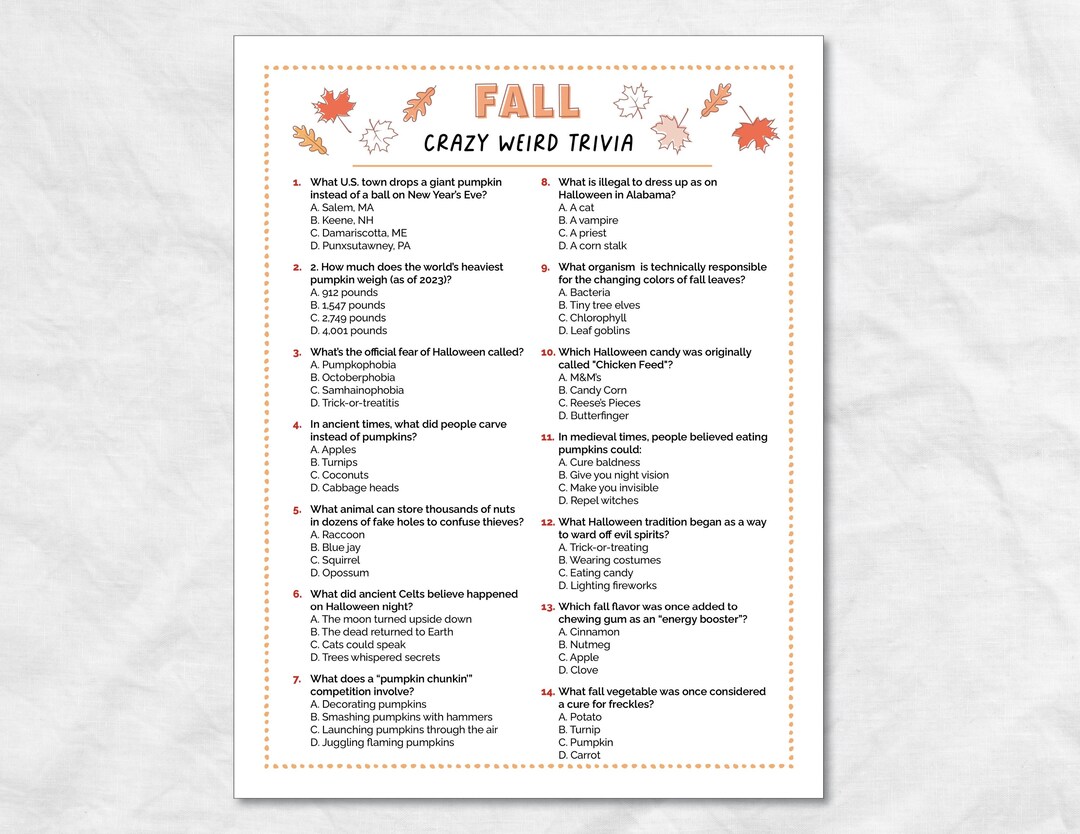 Crazy Weird Fall Trivia Game, Autumn Trivia Quiz for Fall Office Party ...