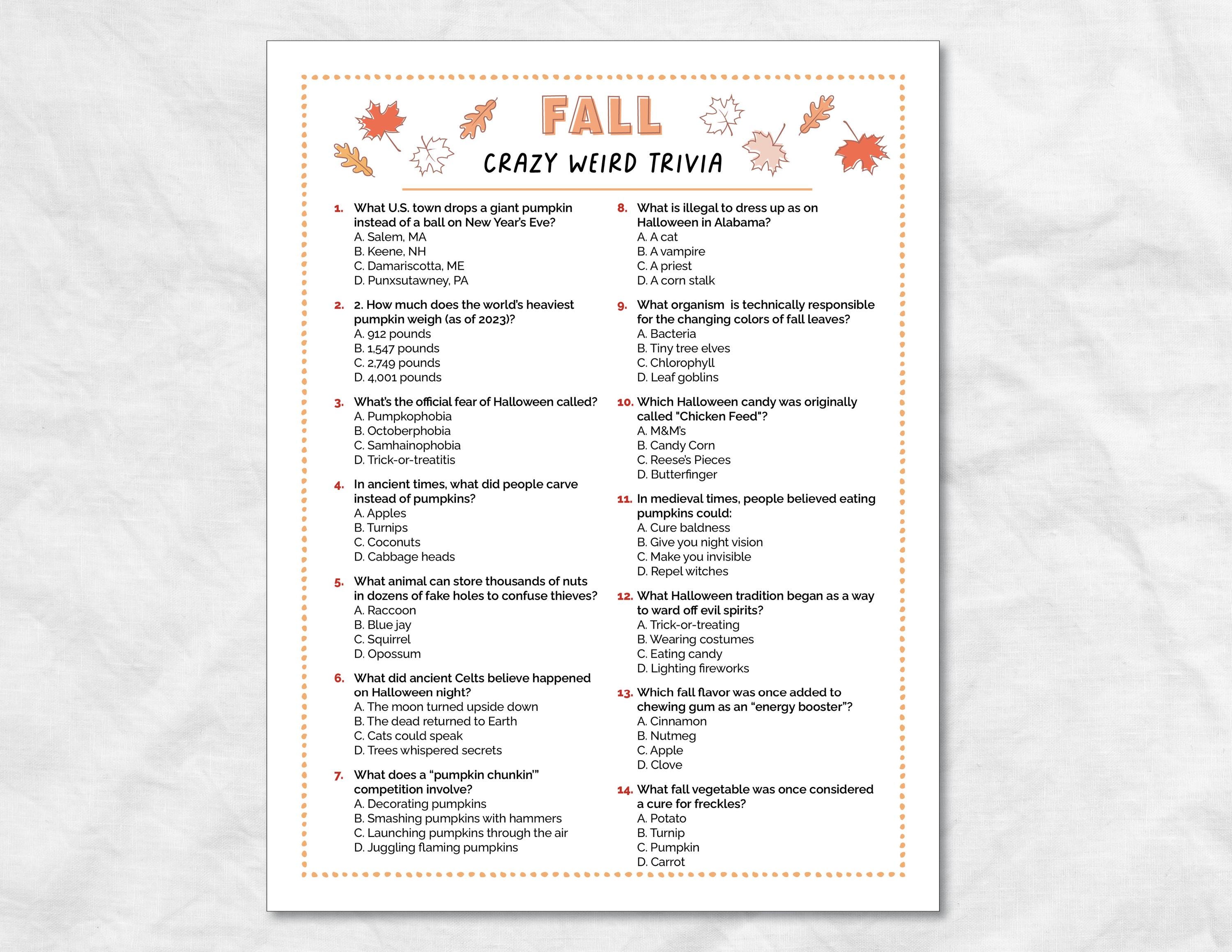 Crazy Weird Fall Trivia Game, Autumn Trivia Quiz for Fall Office Party ...