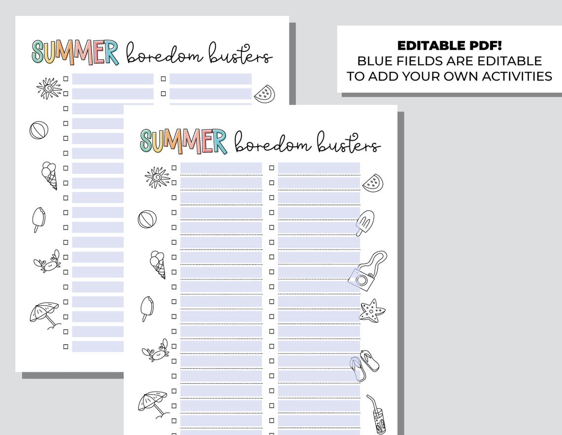EDITABLE Summer Boredom Busters for Kids, I'm Bored Checklist Printable ...