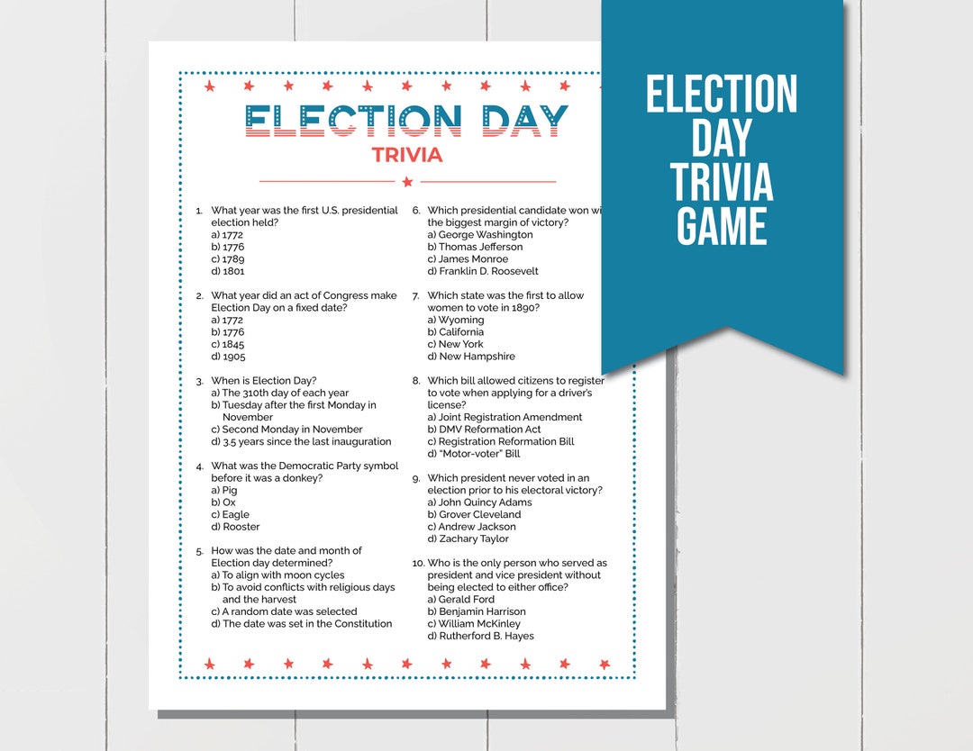 Election Day Trivia Game, Election Day Quiz, 2024 US Election Printable ...