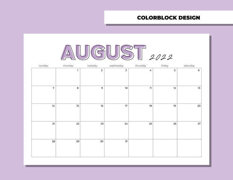 August 2023 Monthly Calendar With Lavender Colorblock Design - Etsy