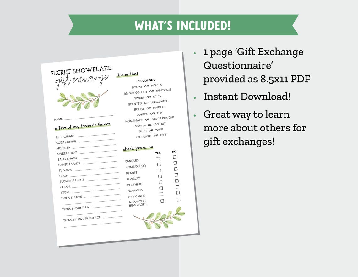 Secret Snowflake Questionnaire, Gift Exchange Survey, Favorite Things ...