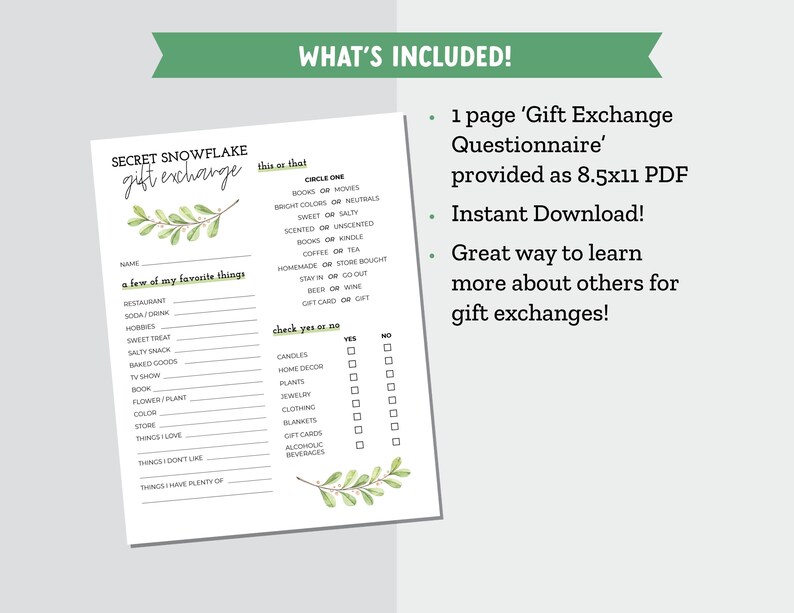 Secret Snowflake Questionnaire, Gift Exchange Survey, Favorite Things ...