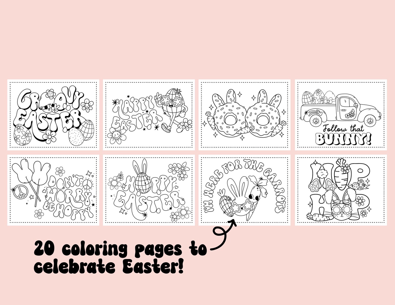 Retro Easter Coloring Pages for Kids, 20 Groovy Coloring Sheet Bundle ...