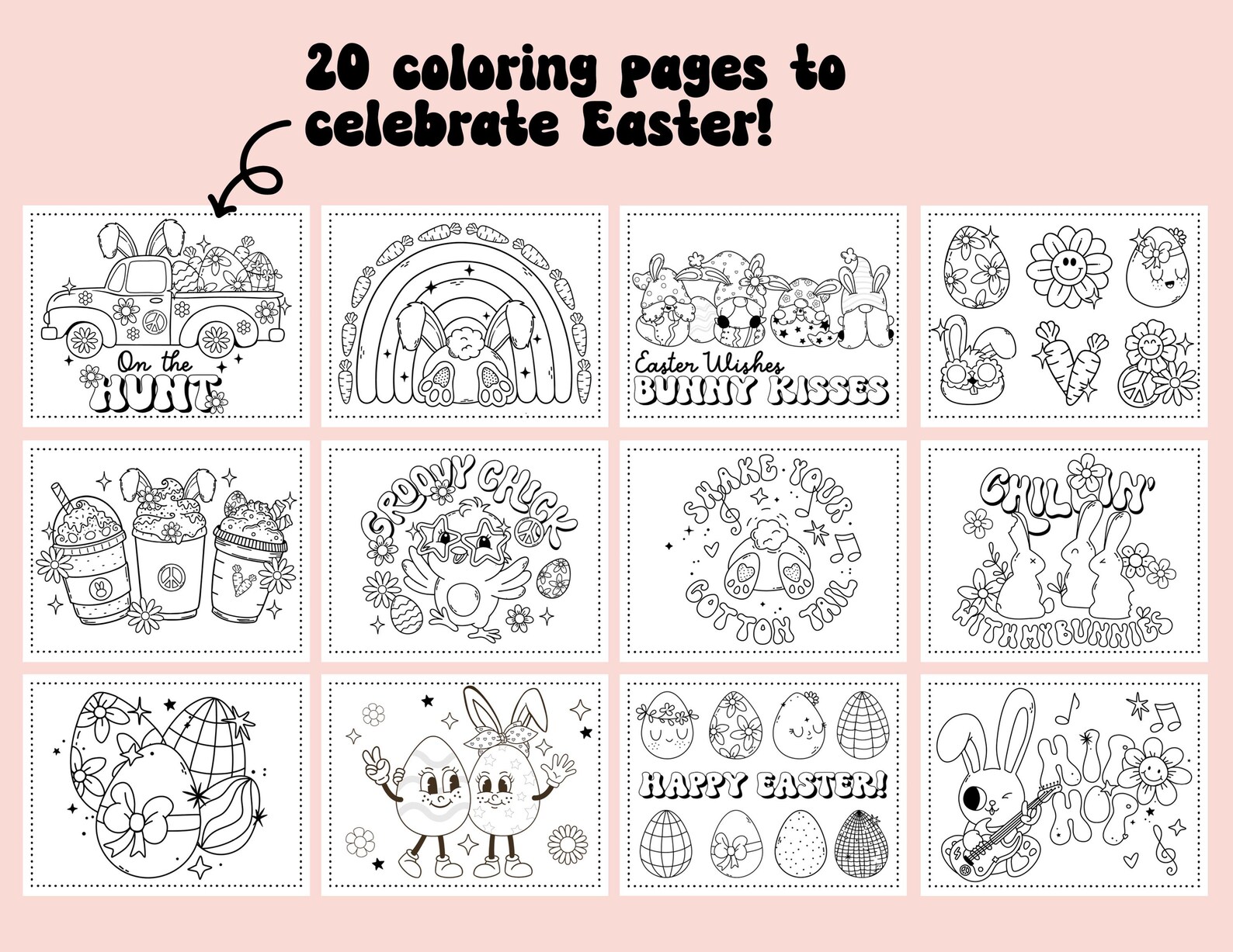 Retro Easter Coloring Pages for Kids, 20 Groovy Coloring Sheet Bundle ...