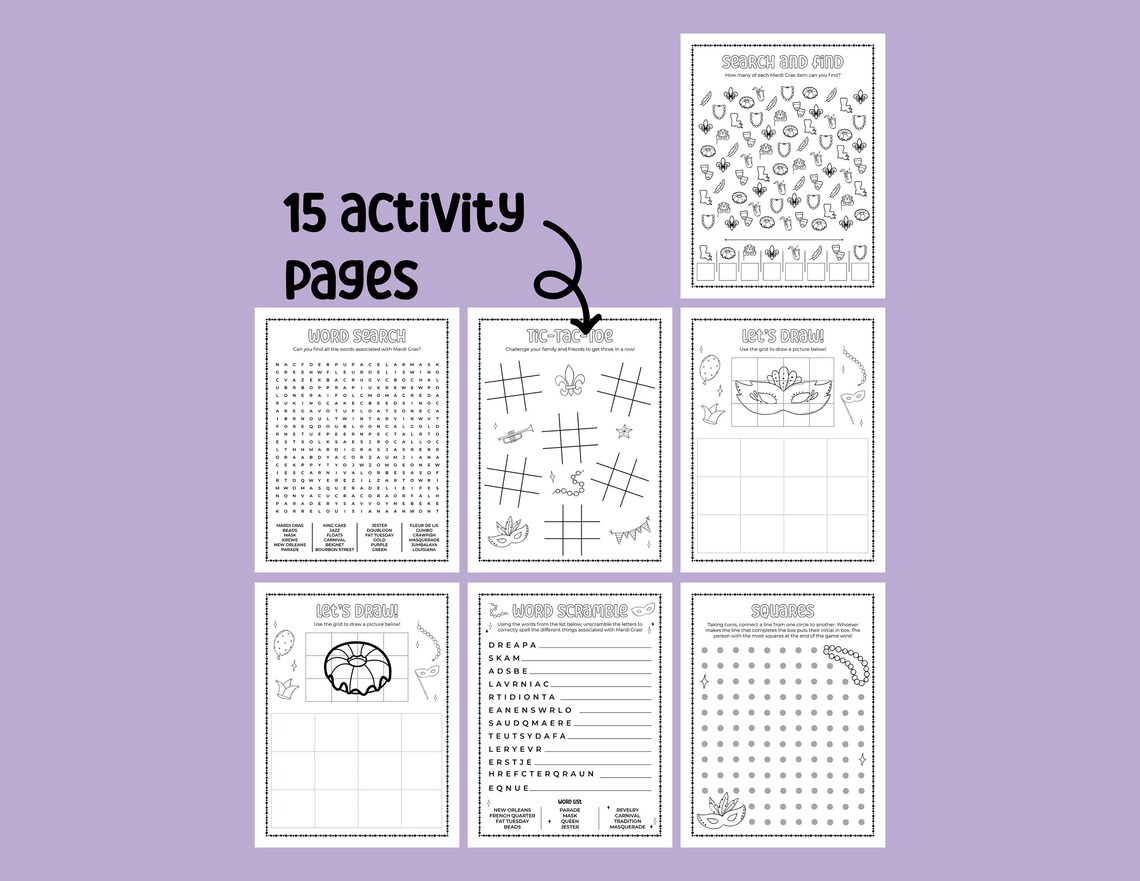 Mardi Gras Printable Activity Pack With Coloring Pages, Word Search ...