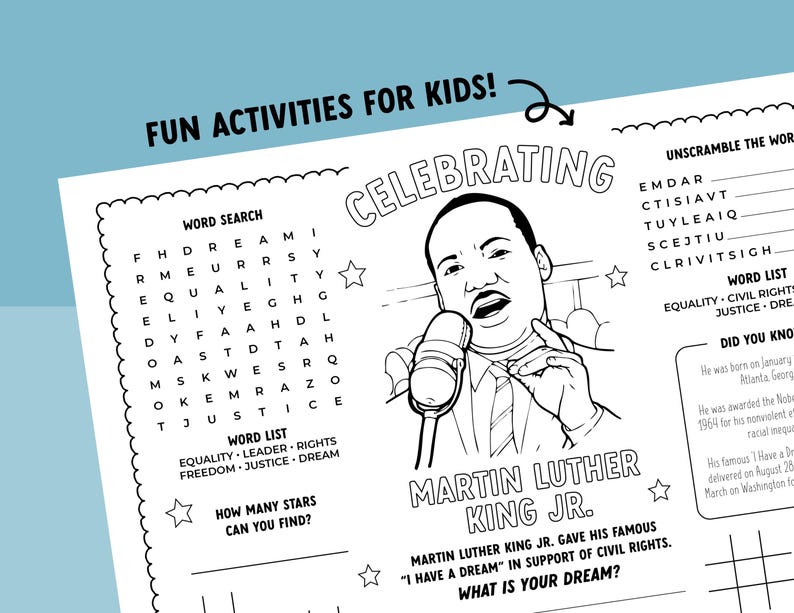 MLK Day Coloring Activity Placemat, Martin Luther King Jr Day Activity ...