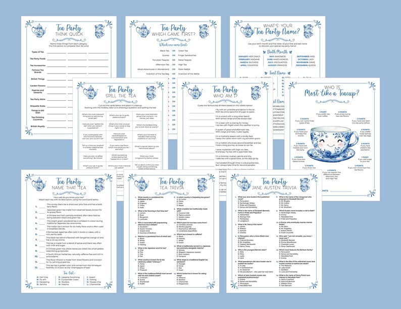 Blue Toile Tea Party Game Bundle With Tea Party Game Ideas, Birthday ...