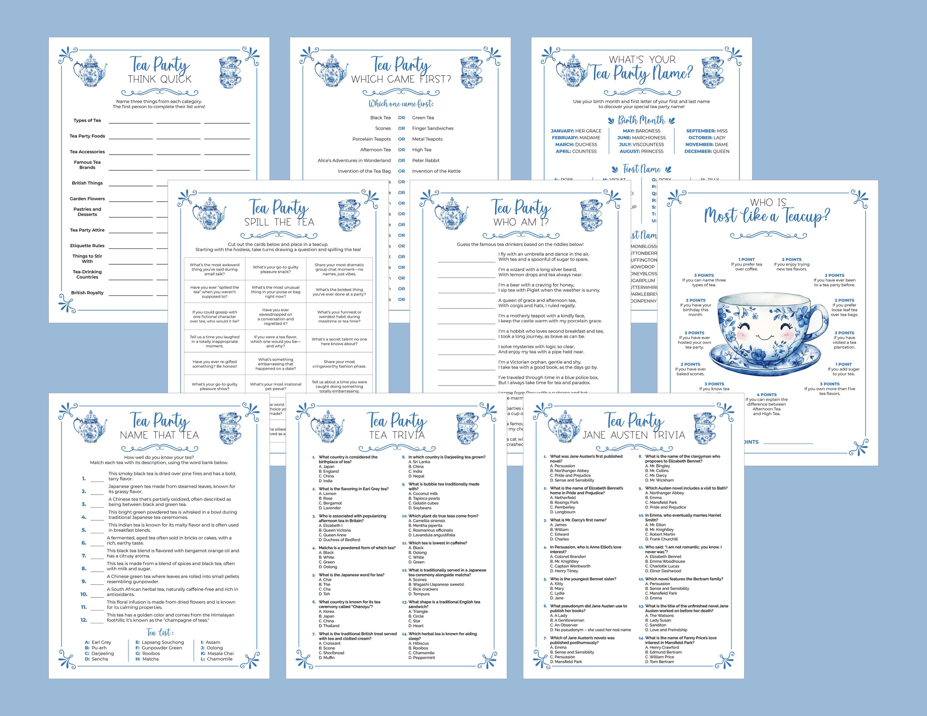Blue Toile Tea Party Game Bundle With Tea Party Game Ideas, Birthday ...