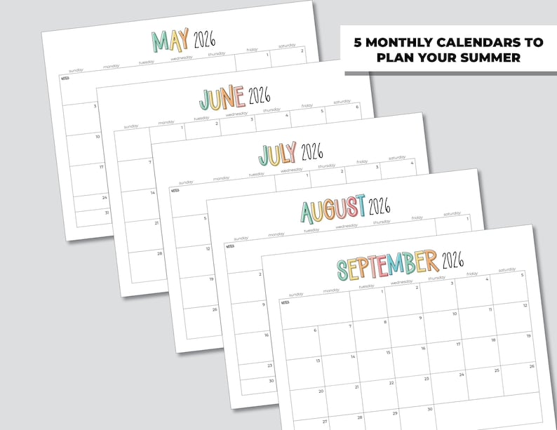 EDITABLE Summer 2026 Calendar Set Including May, June, July, August ...