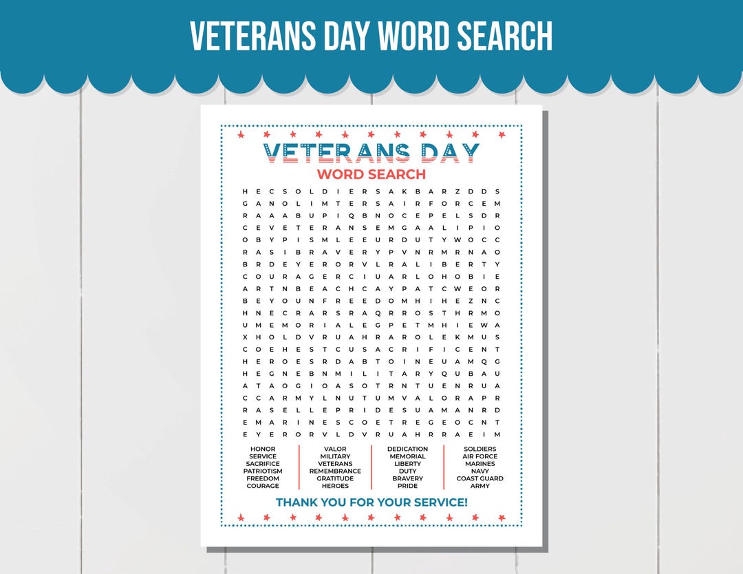 Veterans Day Word Search Puzzle for Patriotic Activity, Veterans Day ...