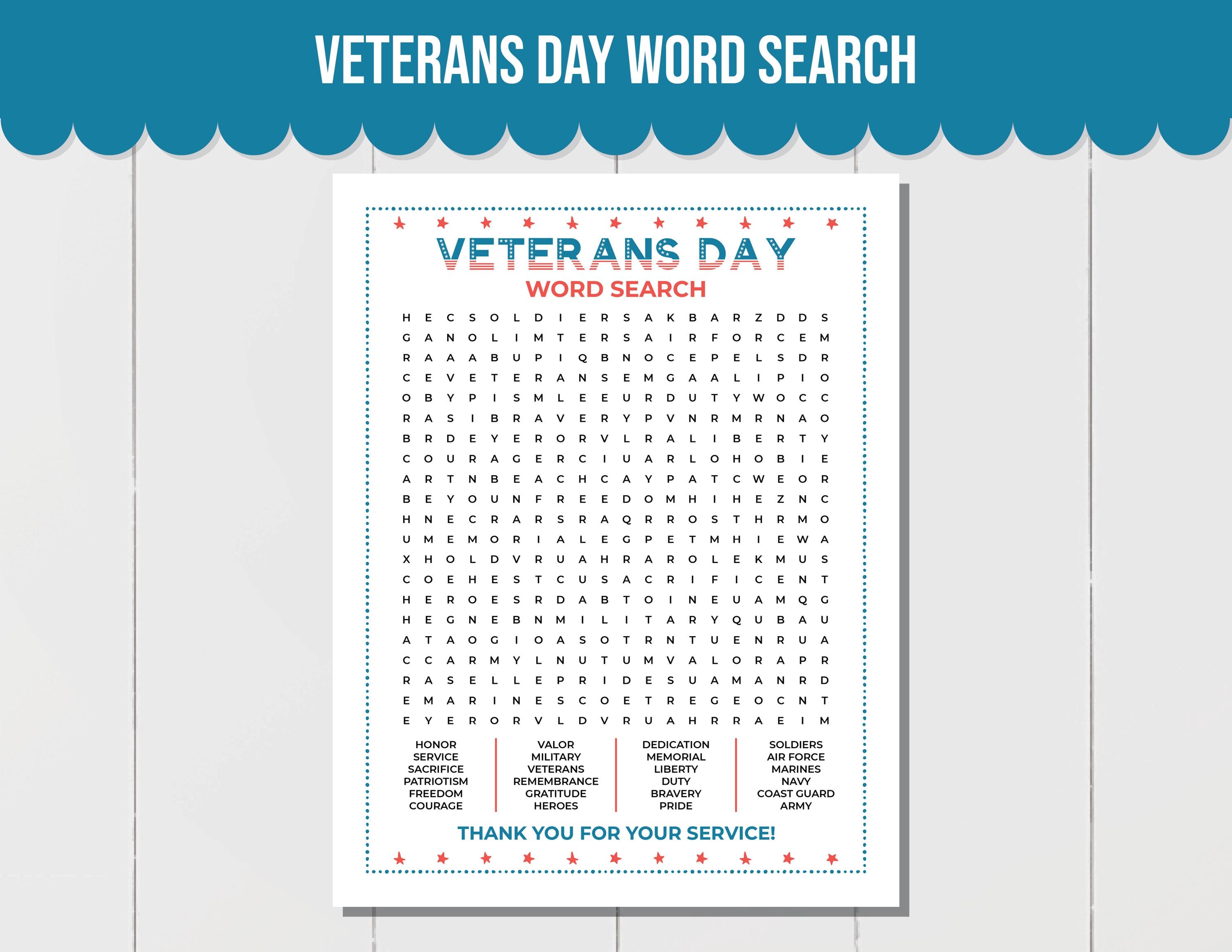 Veterans Day Word Search Puzzle for Patriotic Activity, Veterans Day ...