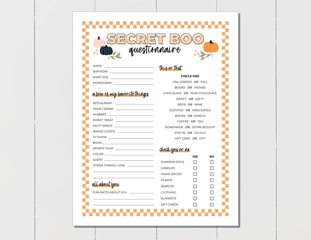 Halloween Secret Boo Questionnaire, Fall Gift Exchange Survey and ...