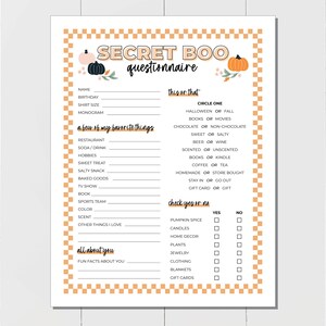 Halloween Secret Boo Questionnaire, Fall Gift Exchange Survey and ...