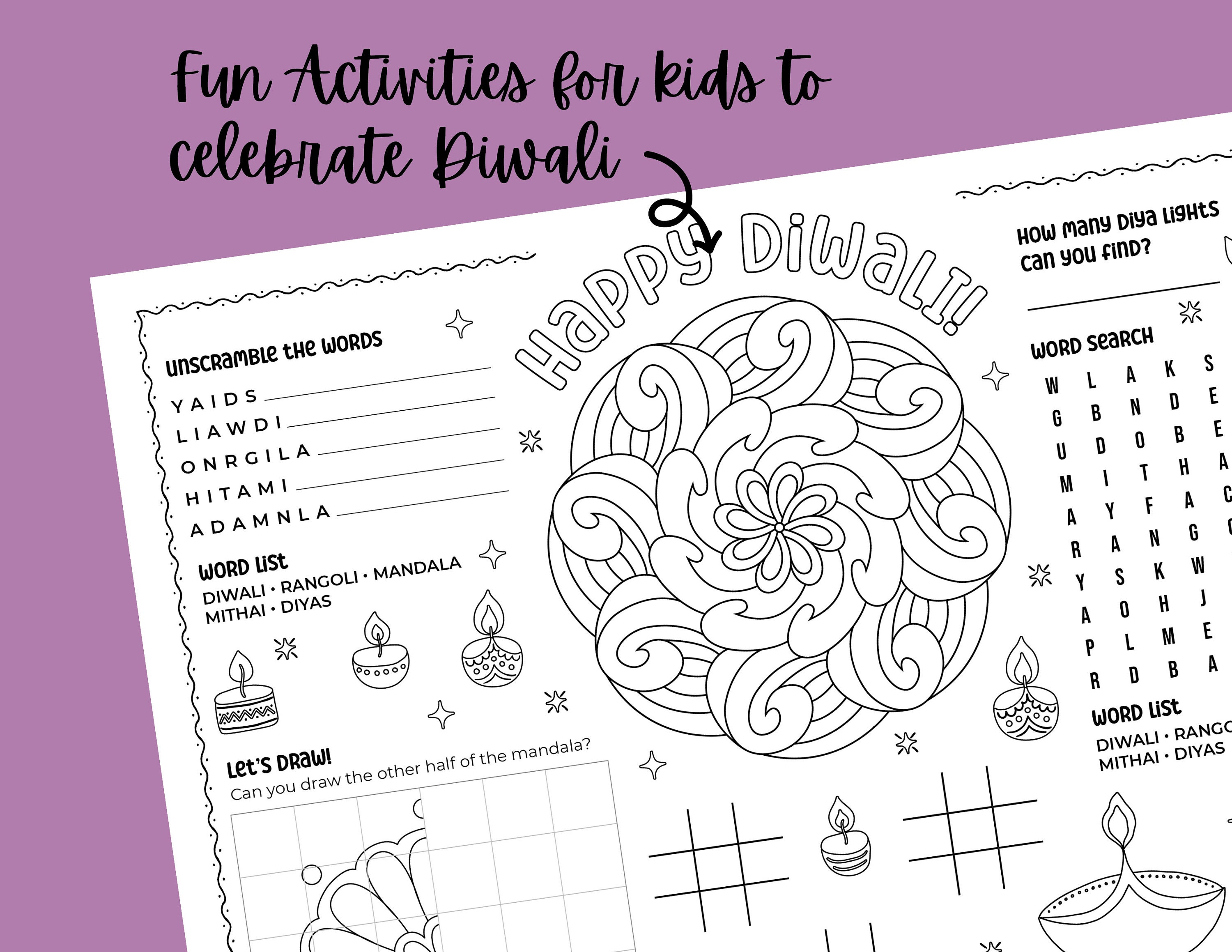 Diwali Coloring Page Placemat Activity for Kids Diwali Celebration ...