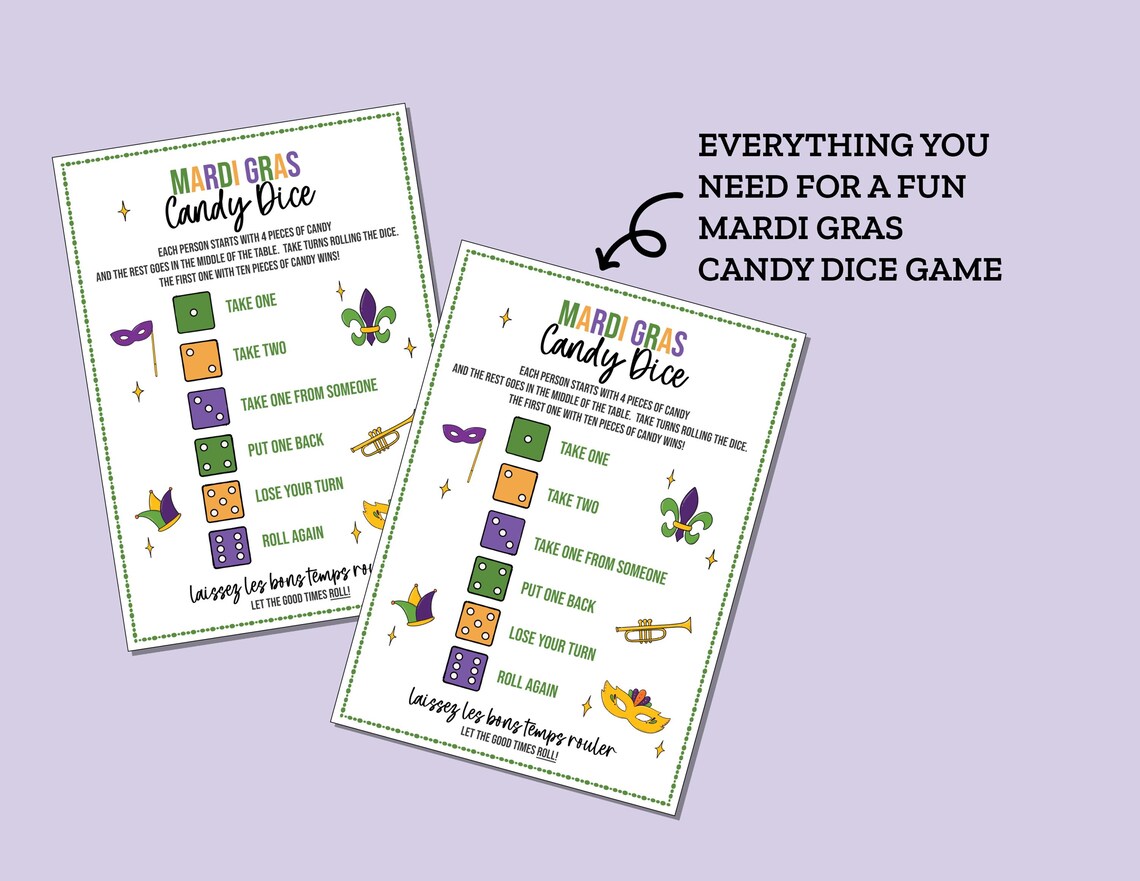 Mardi Gras Candy Dice Game, Fun Mardi Gras Game for Kids, Kids Mardi ...
