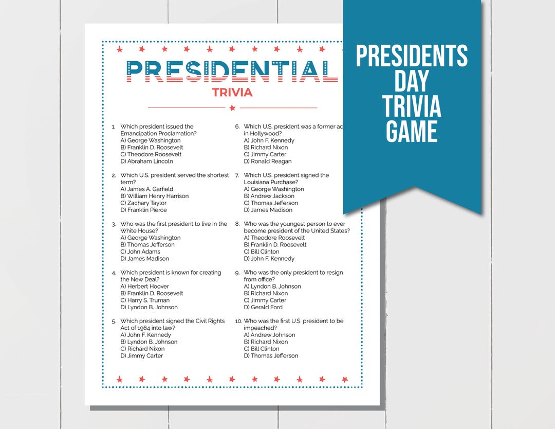 Presidents' Day Trivia Game With Presidential Trivia, Presidents' Day ...