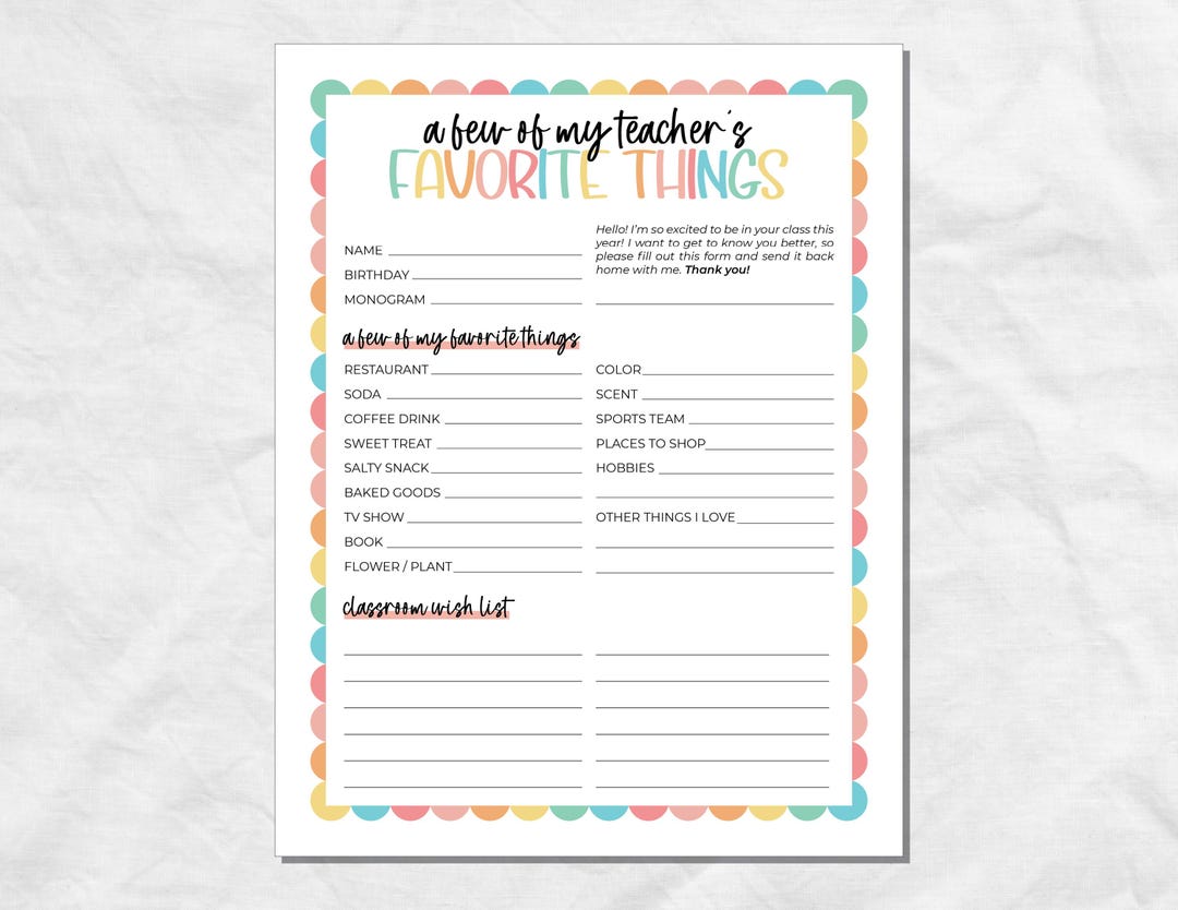 All About the Teacher Printable With Classroom Wishlist, Teacher ...
