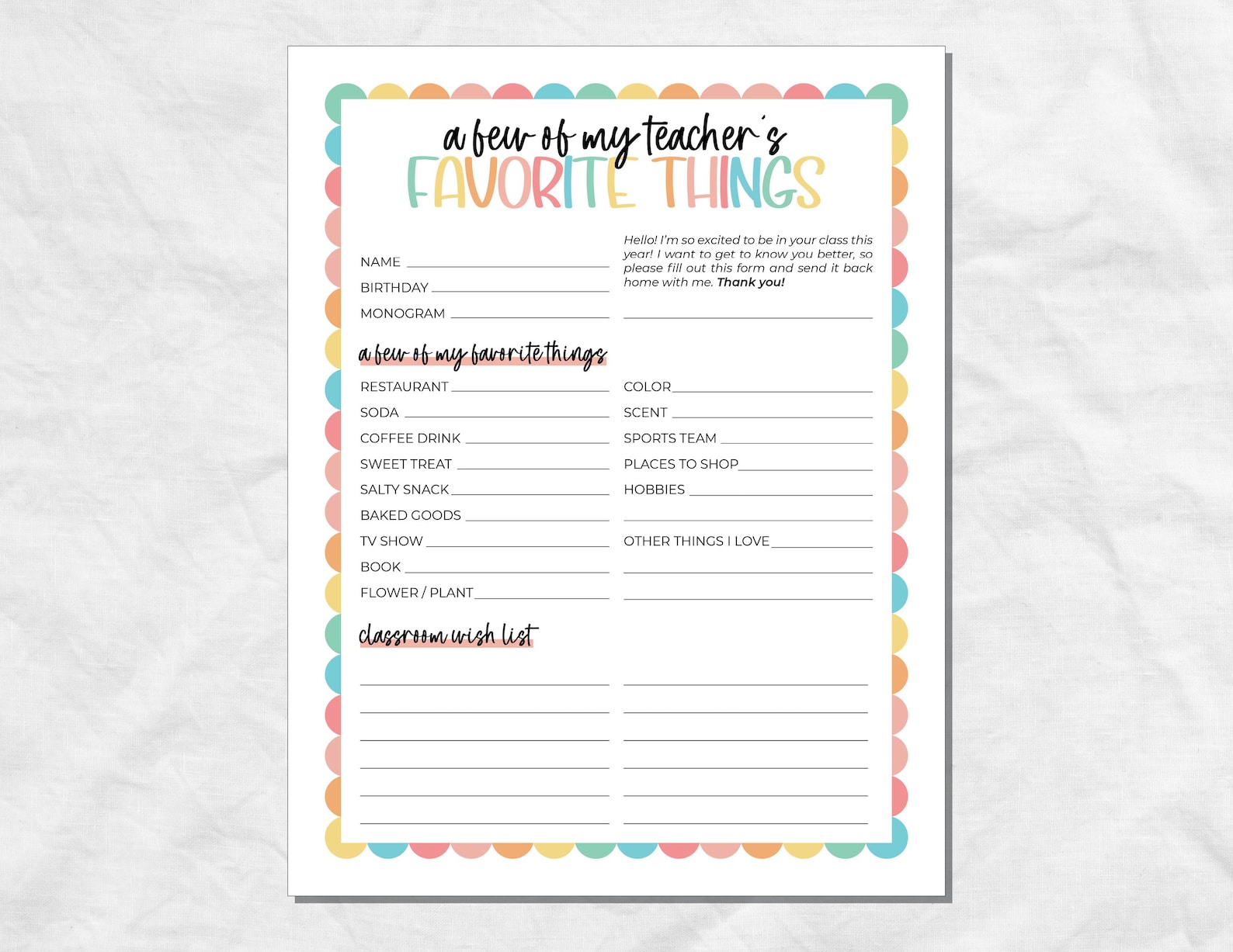 All About the Teacher Printable With Classroom Wishlist, Teacher ...