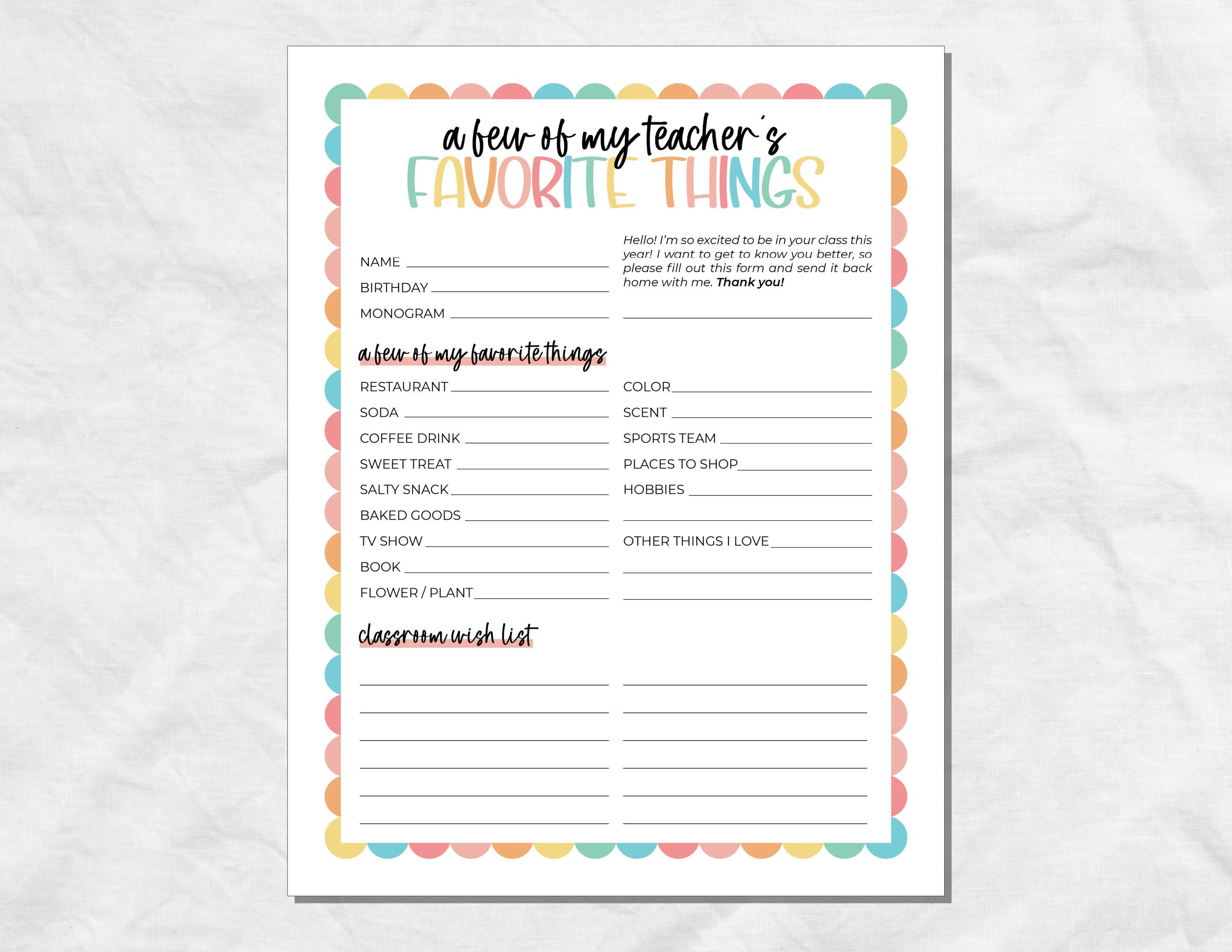 All About the Teacher Printable With Classroom Wishlist, Teacher ...