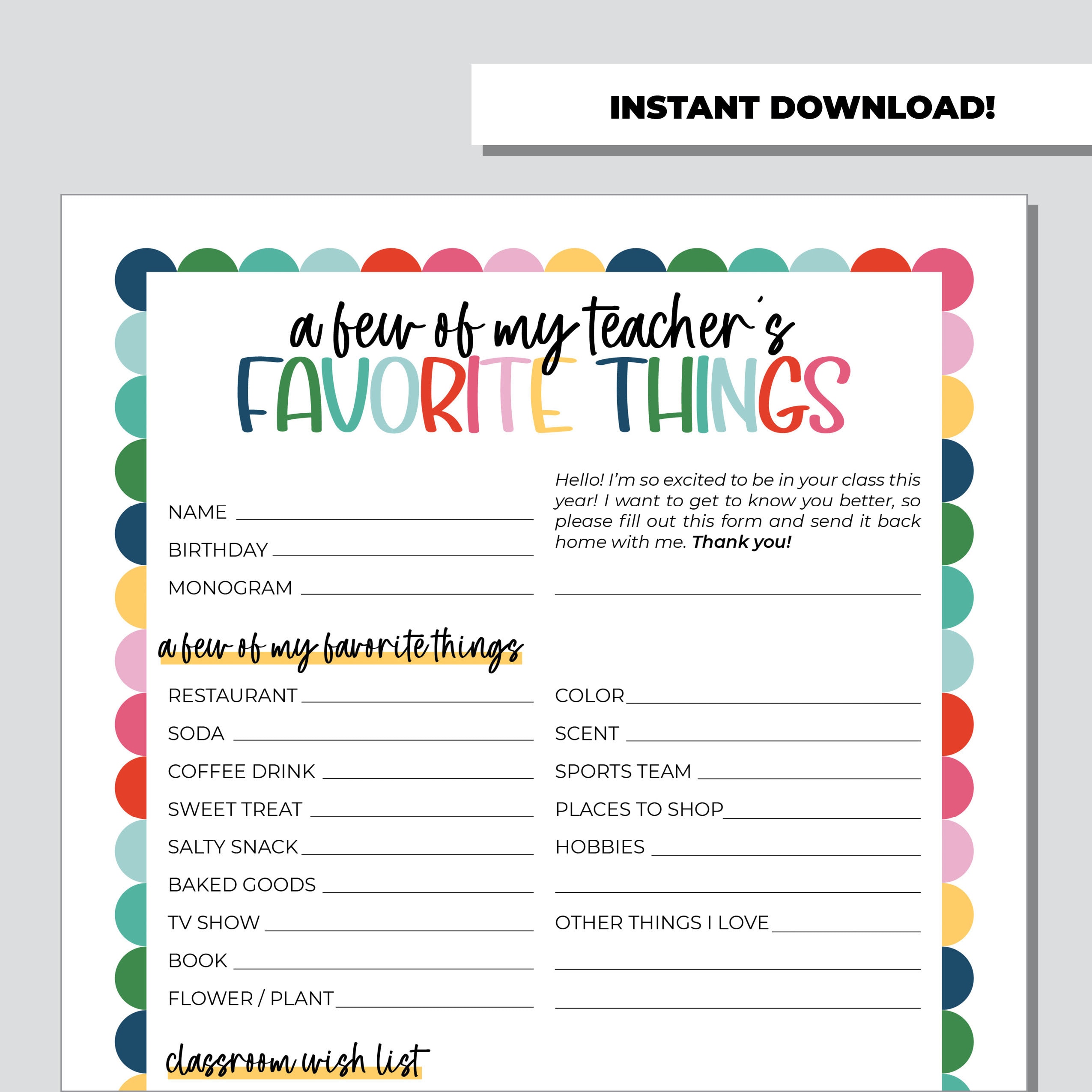 Teacher Favorite Things, All About the Teacher Printable With Classroom ...