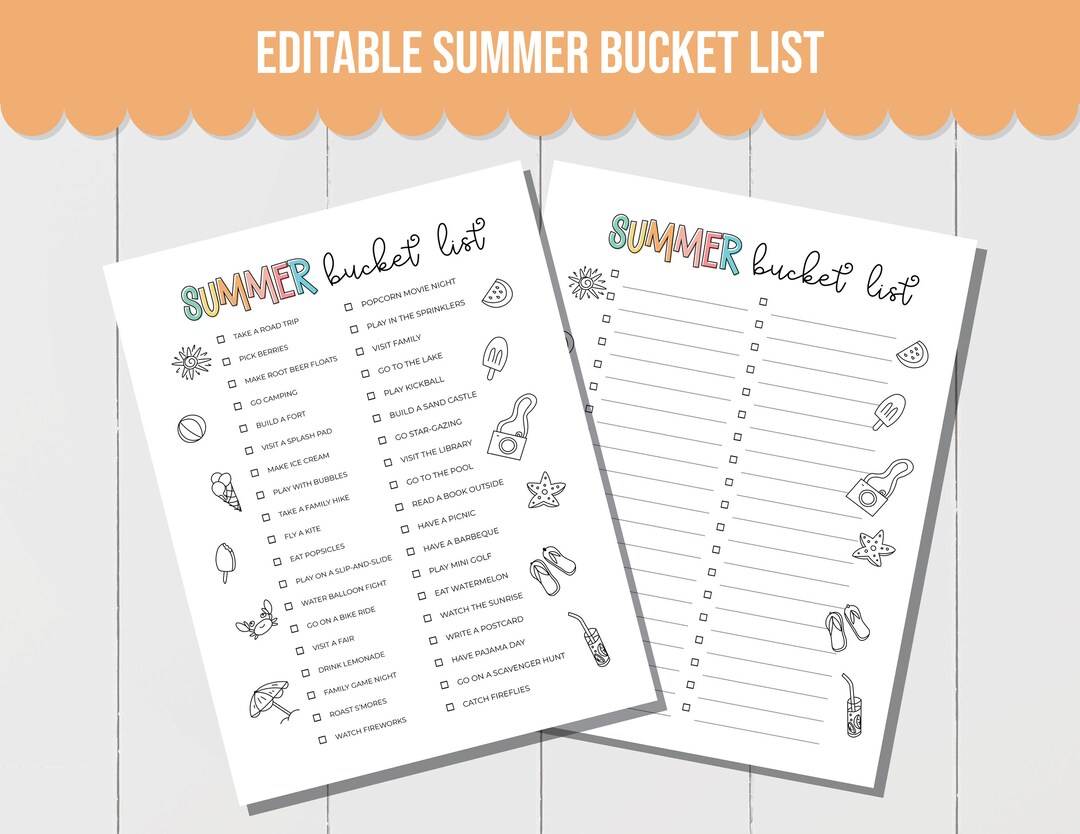 EDITABLE Summer Bucket List for Kids, Summer to Do List Printable - Etsy