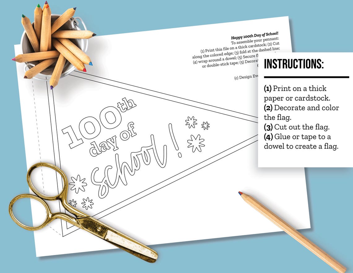 100th Day of School Pennant Flag Coloring Page Activity, Celebrate 100 ...